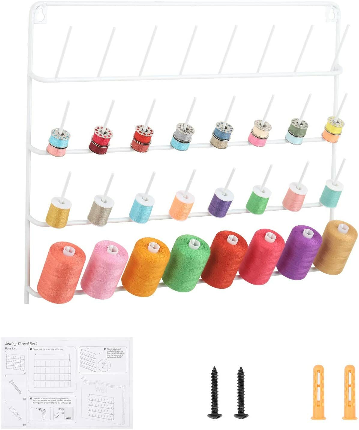 32-Spool Wall-Mounted Metal Sewing Thread Rack Holder with Hanging ...