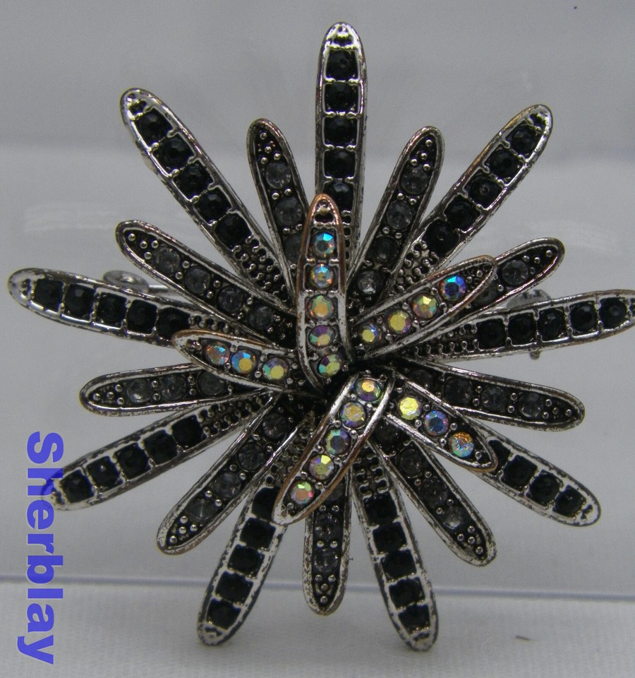 Vintage Flower Starburst Multi Color Rhinestone Silver Tone Brooch Pin ...