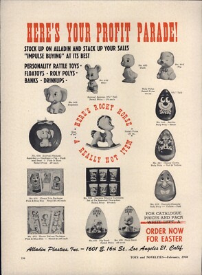 1950 PAPER AD Alladin Plastics Rattle Toy Floatoy Roly Poly Slinky ...