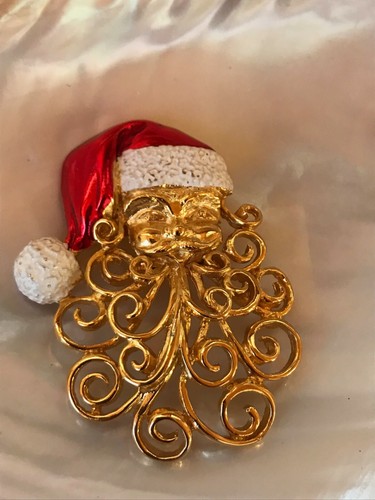 Estate JJ Signed Santa Claus Head w Red White Enamel Hat & Curlicue ...