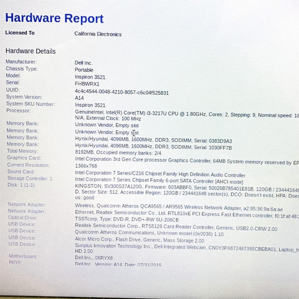 Dell Inspiron 3521 Laptop 15.5" Intel Core i3-3217U 1.80 GHz 8GB 120GB ...