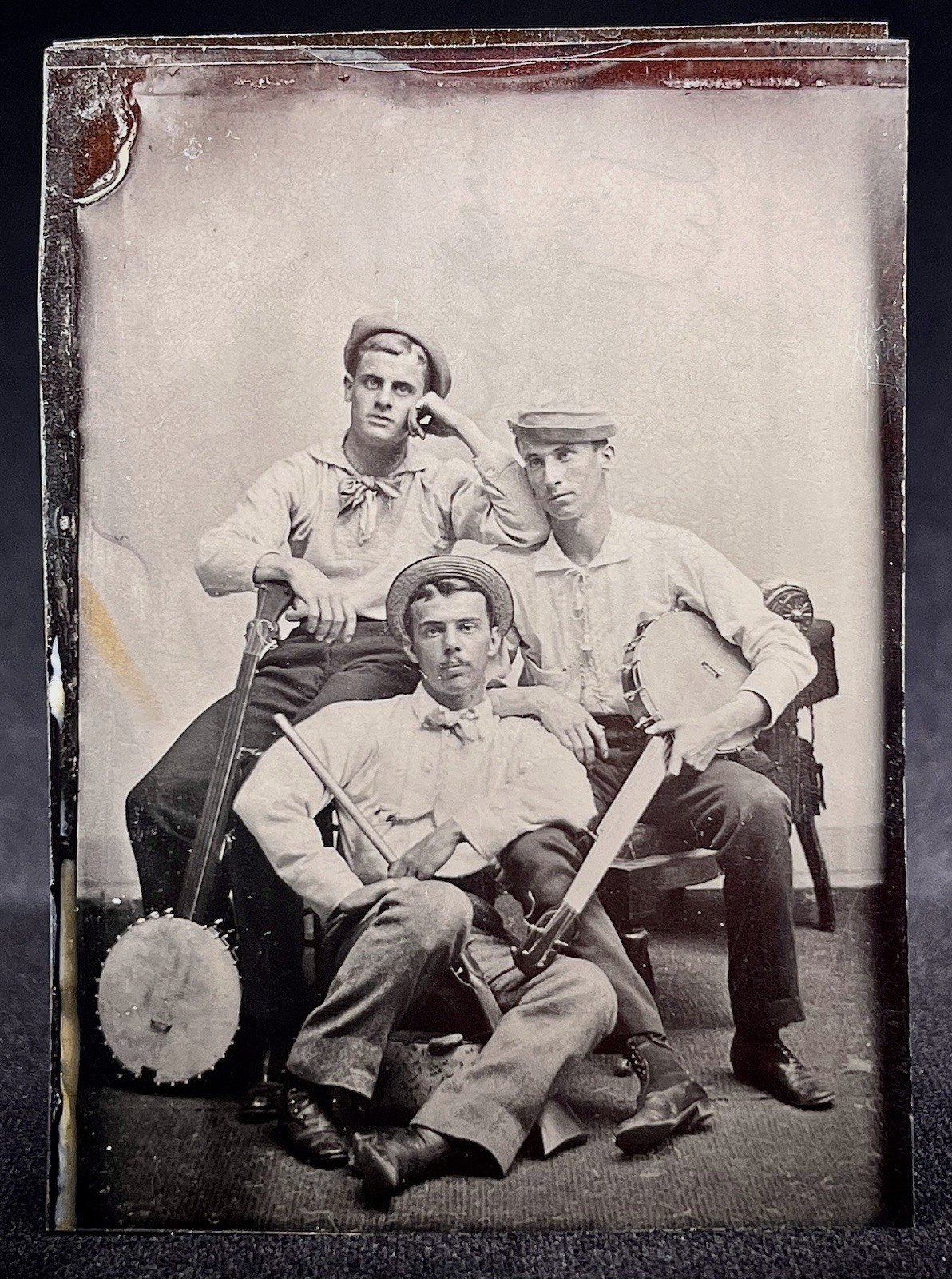 RARE 1/6 PLATE TINTYPE - TWO BANJO PLAYERS WITH MANAGER HOLDING A RIFLE ...
