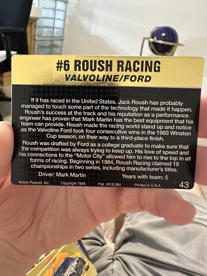 * 1994 Action Packed Race card #43 Roush Racing # 6 Valvoline /Ford ...