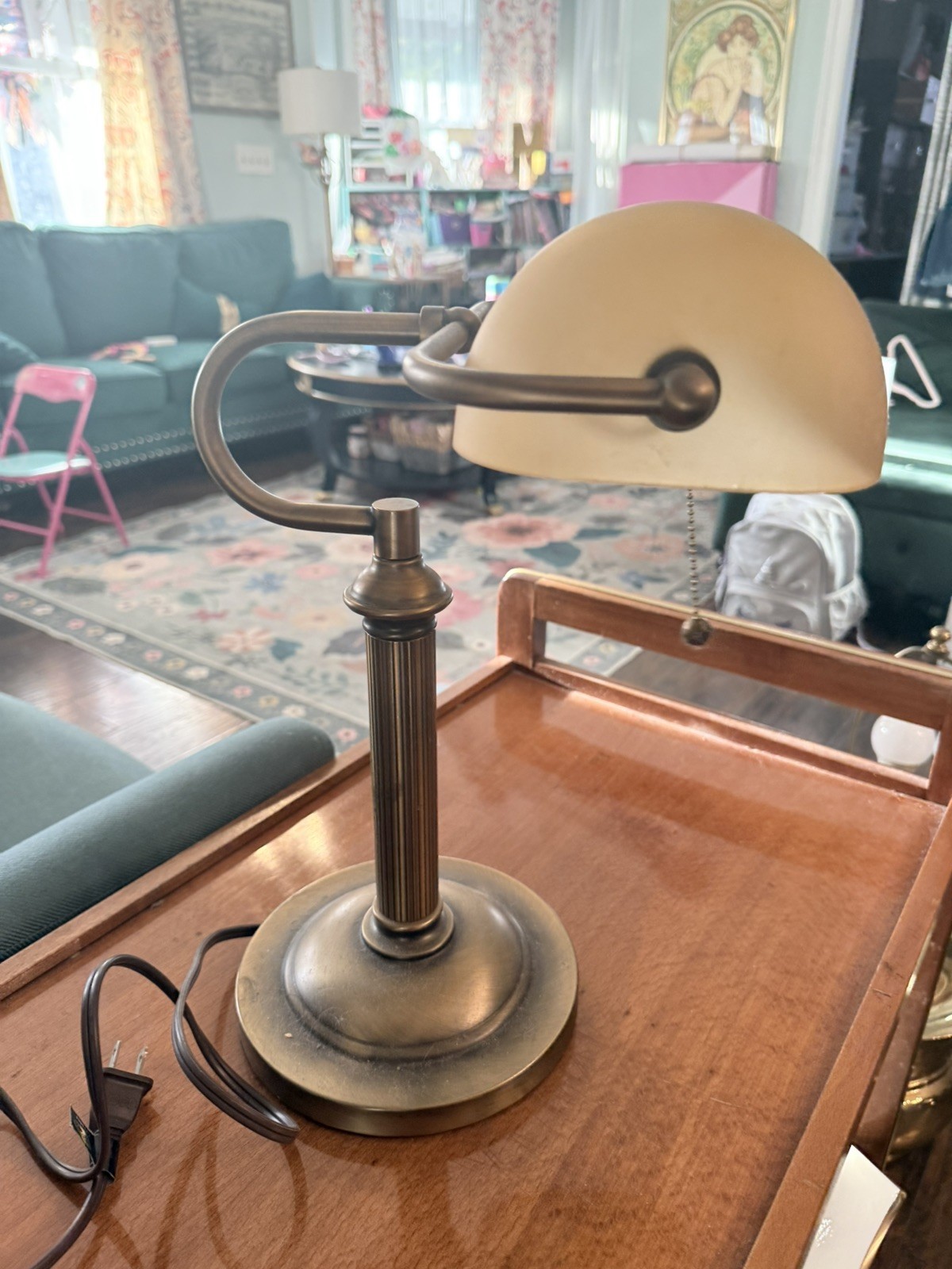 Banker’s Lamp Antique Bronze Finish Cream Glass Rectangular Shade Pull ...