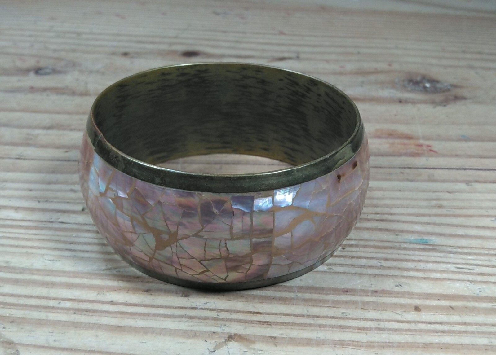 Iridescent Pink Mother of Pearl Shell Mosaic in Brass… - Gem