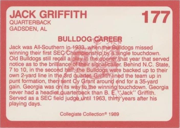 1989 Collegiate Collection Georgia Bulldogs Jack Griffith #177 for sale ...