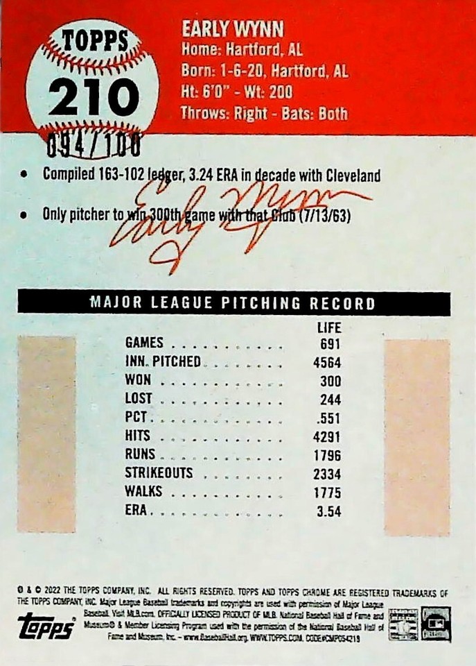 2022 Topps Chrome Platinum #210 Early Wynn Red Atomic /100 +++ FREE ...