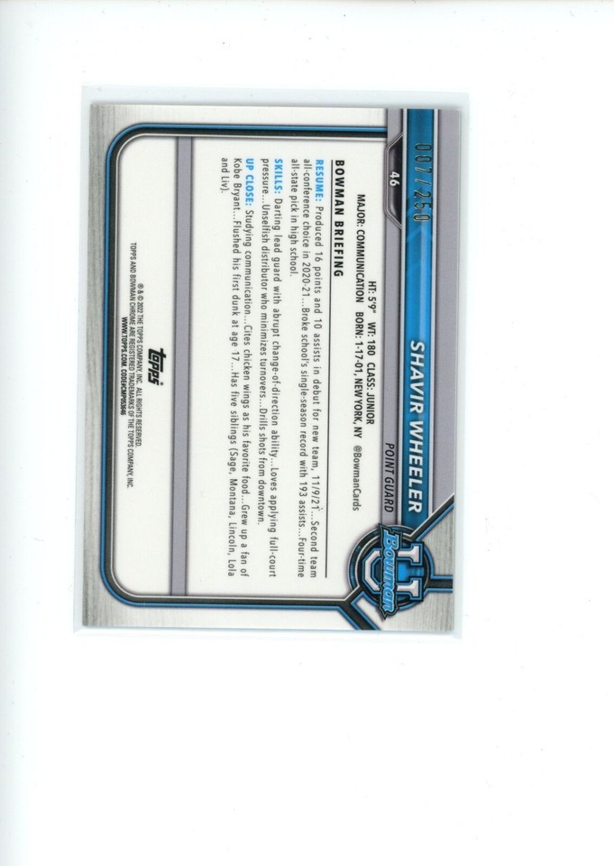 2021-22 Bowman U University Shavir Wheeler #46 1st Aqua Refractor ...