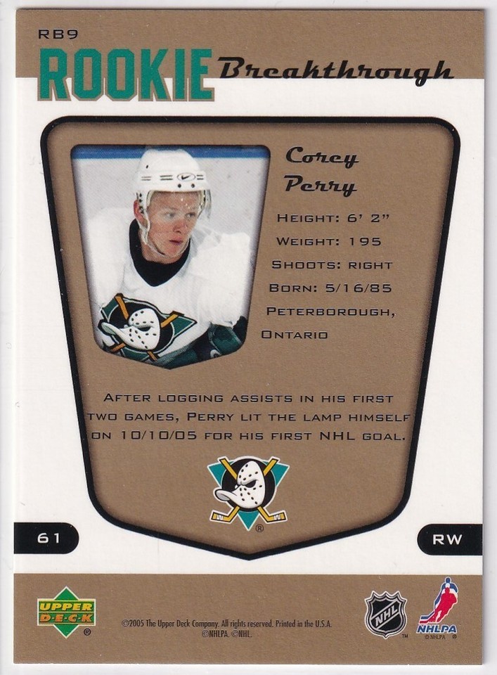 2005-06 Upper Deck MVP Rookie Breakthrough #RB9 Corey Perry RC - Anaheim Ducks | eBay