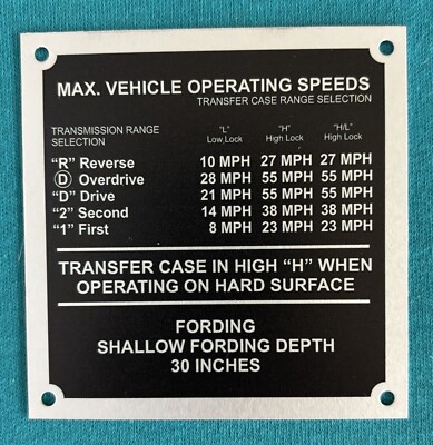 HMMWV Military Data Plate Vehicle Speeds M1123 M1097A2 M1114 M1151 ...