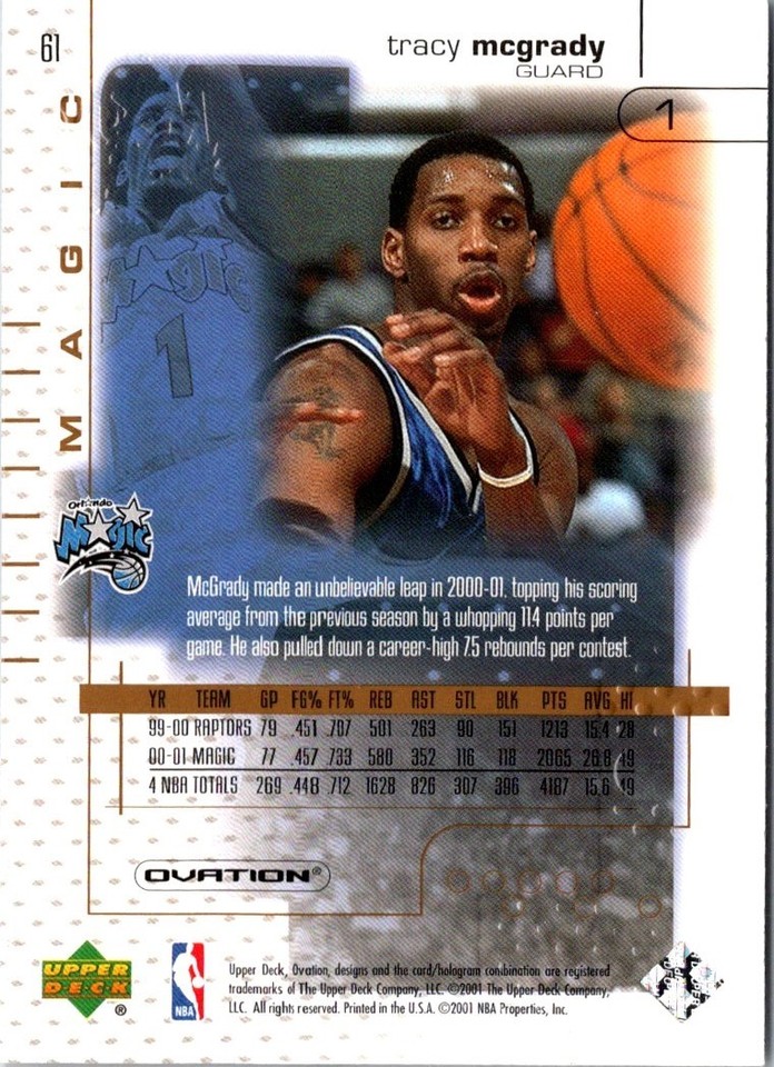 2001 Upper Deck Ovation Tracy McGrady #61 Orlando Magic Basketball Card ...