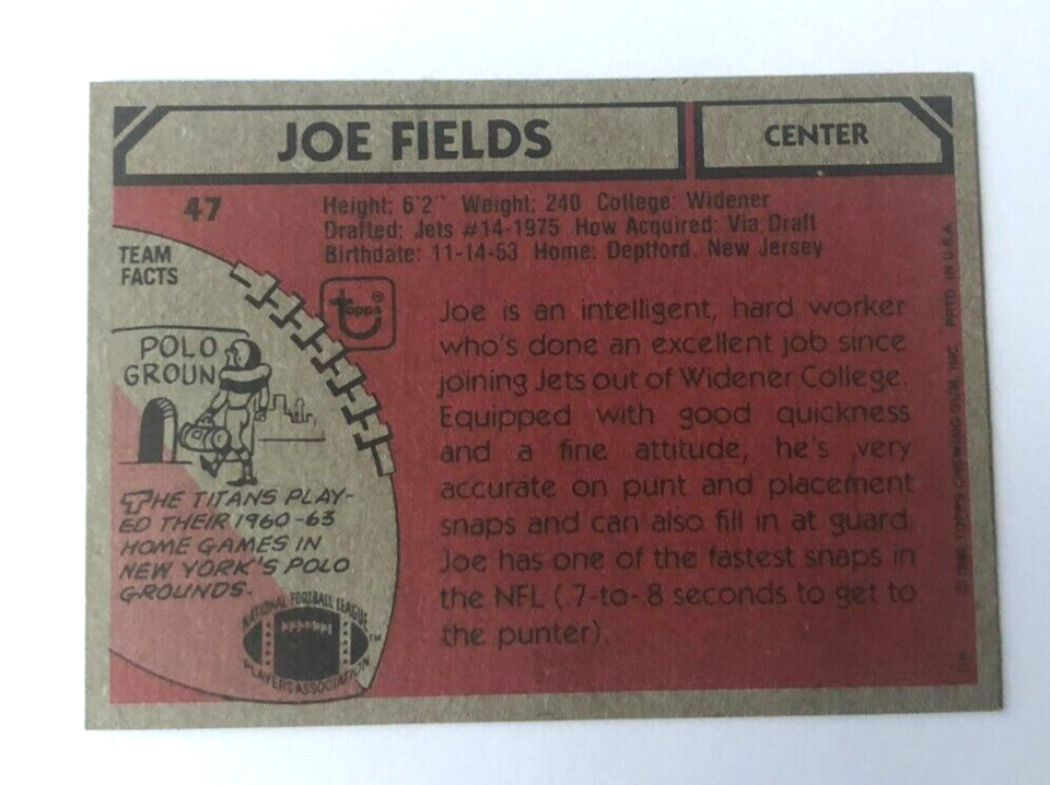 1980 Topps #47 Joe Fields New York Jets NM | eBay