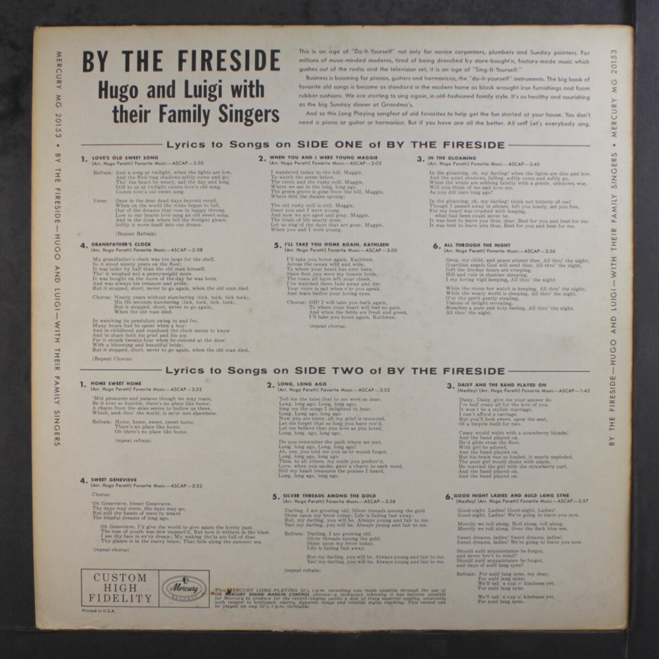 HUGO & LUIGI: let's all sing by the fireside MERCURY 12" LP 33 RPM | eBay