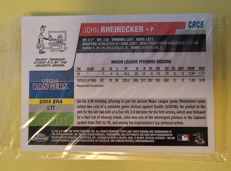 JOHN RHEINECKER Rookie Card #90/599 - 2006 Topps Chrome Box Topper ...