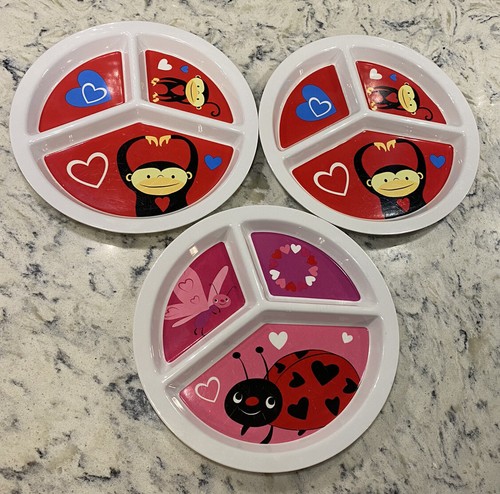 Lot of 3 Divided Plates 3 Sections Hard Plastic Hearts Ladybug Monkey ...