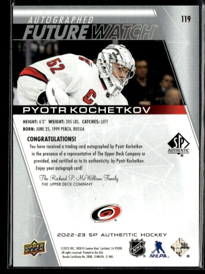 2022-23 SP Authentic Future Watch Auto Pyotr Kochetkov Rookie Auto 565/999 #119 | eBay