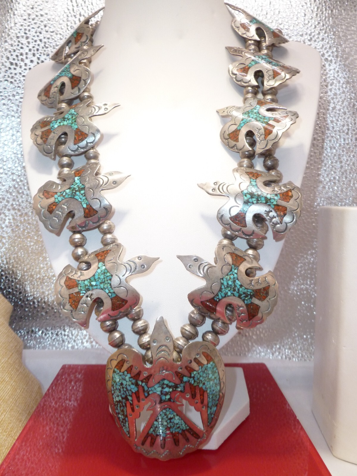 Peyote Bird Native Squash Blossom Turquoise Coral Inlay Sterling Silver ...