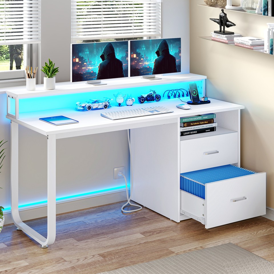 47/55 inch Home Office Desk with File Drawer LED Computer Desk w/ Power ...