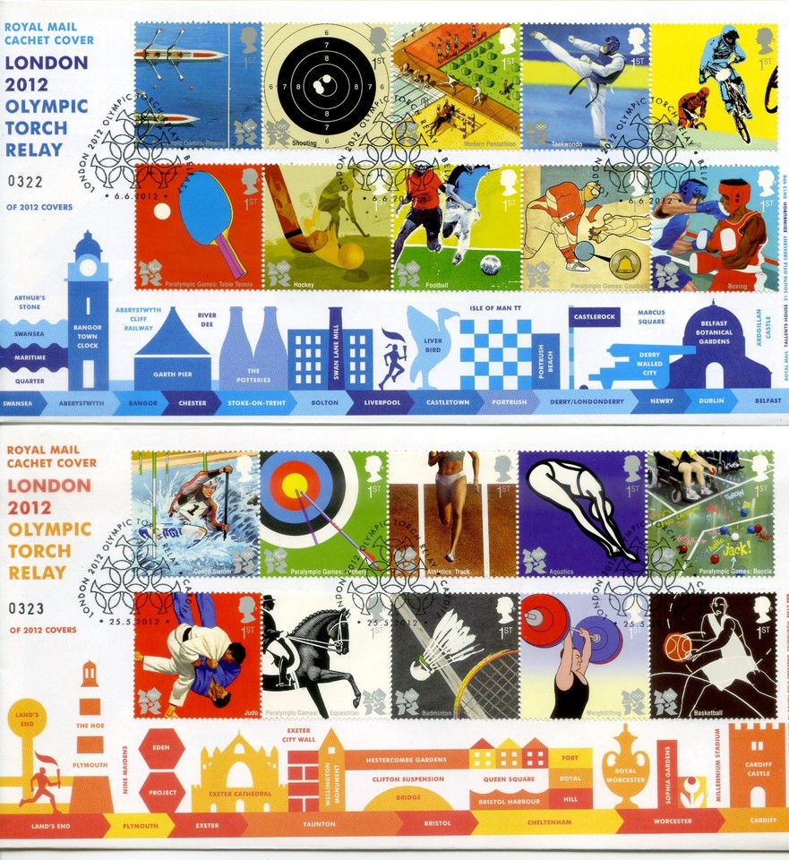 2012 OLYMPIC GAMES GREAT BRITAIN ROYAL MAIL TORCH RELAY CACHET COVERS ...