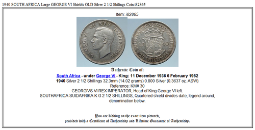 1940 SOUTH AFRICA Large GEORGE VI Shields OLD Silver 2 1/2 Shillings ...