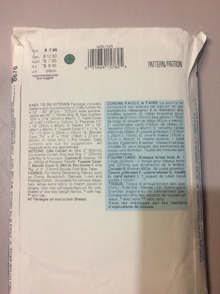 Butterick 6676 Sew Pattern Easy to do kitchen UNCUT New | eBay