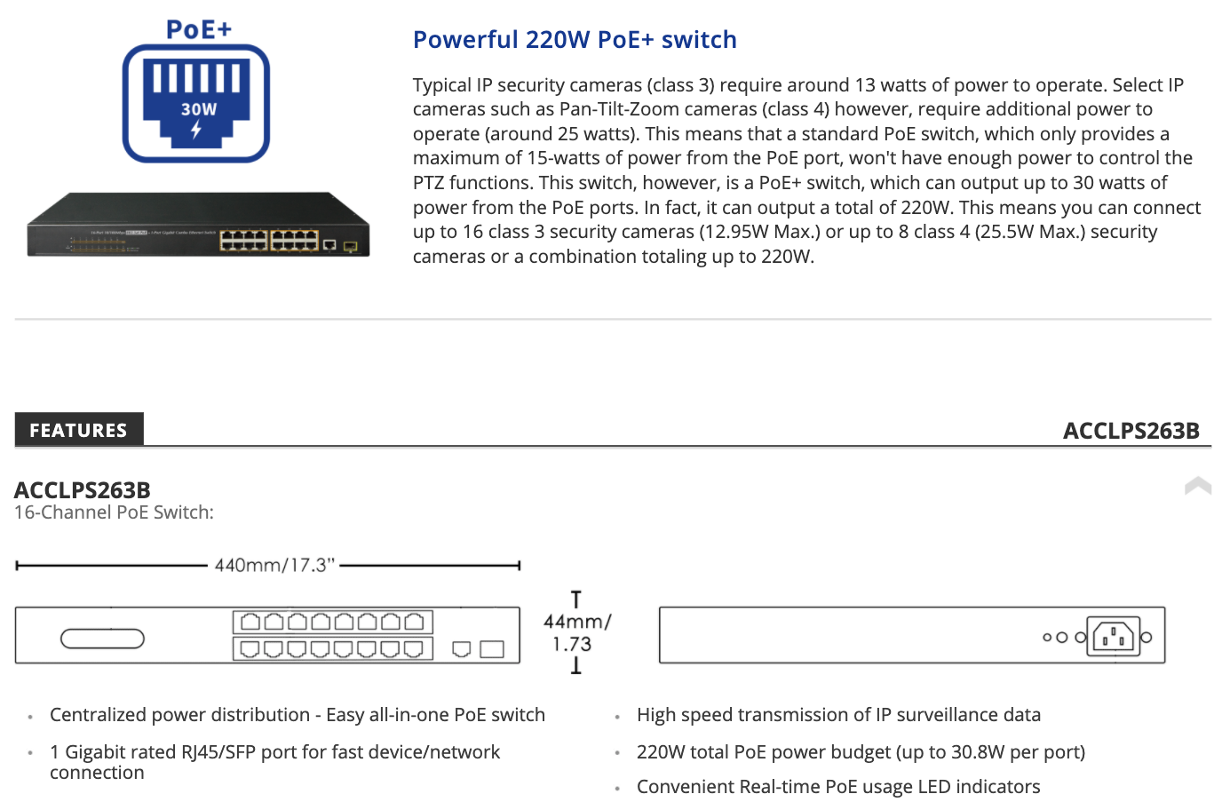 Lorex ACCLPS263B 16-Channel PoE+ Switch, 220W PoE Power, RJ45 / SFP ...
