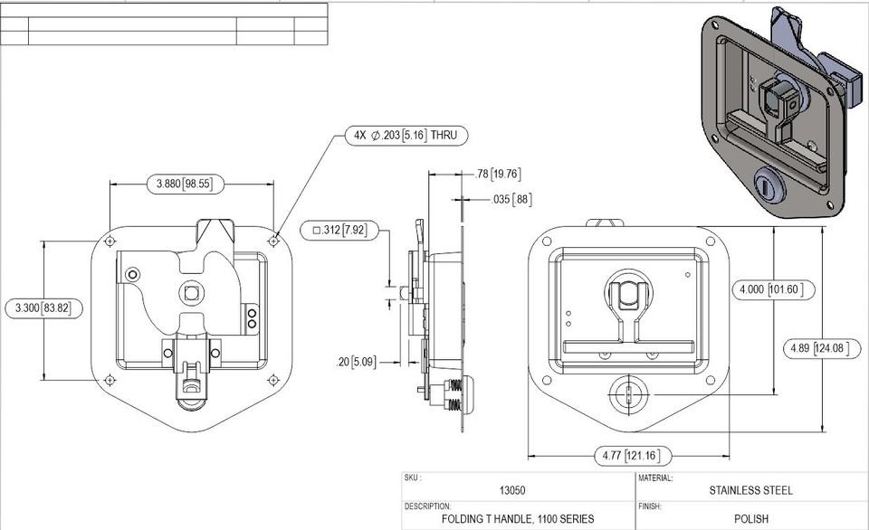 Tool Box Cabinet Latch Stainless Steel Three Point T Handle 2- Rods 5/ ...