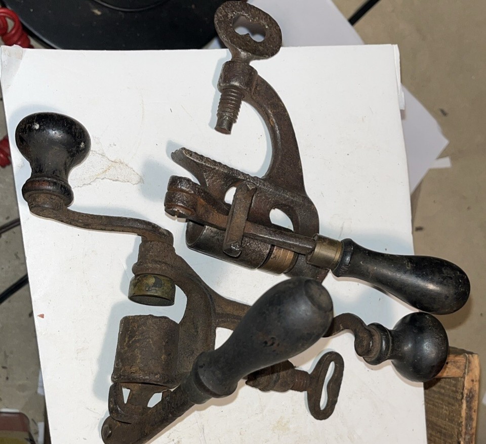 1890s 2 Shotgun Shell Reloader tools cast iron brass trim wood handles ...
