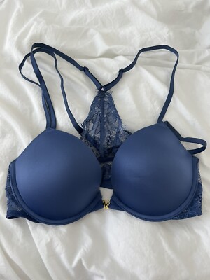 Victoria’s Secret Push Up Front Close Lace Back Bra 32c Midnight Blue ...