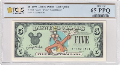 2003 $5 Disney Dollar GOOFY DISNEY WORLD RESORT PCGS Banknote GEM UNC ...