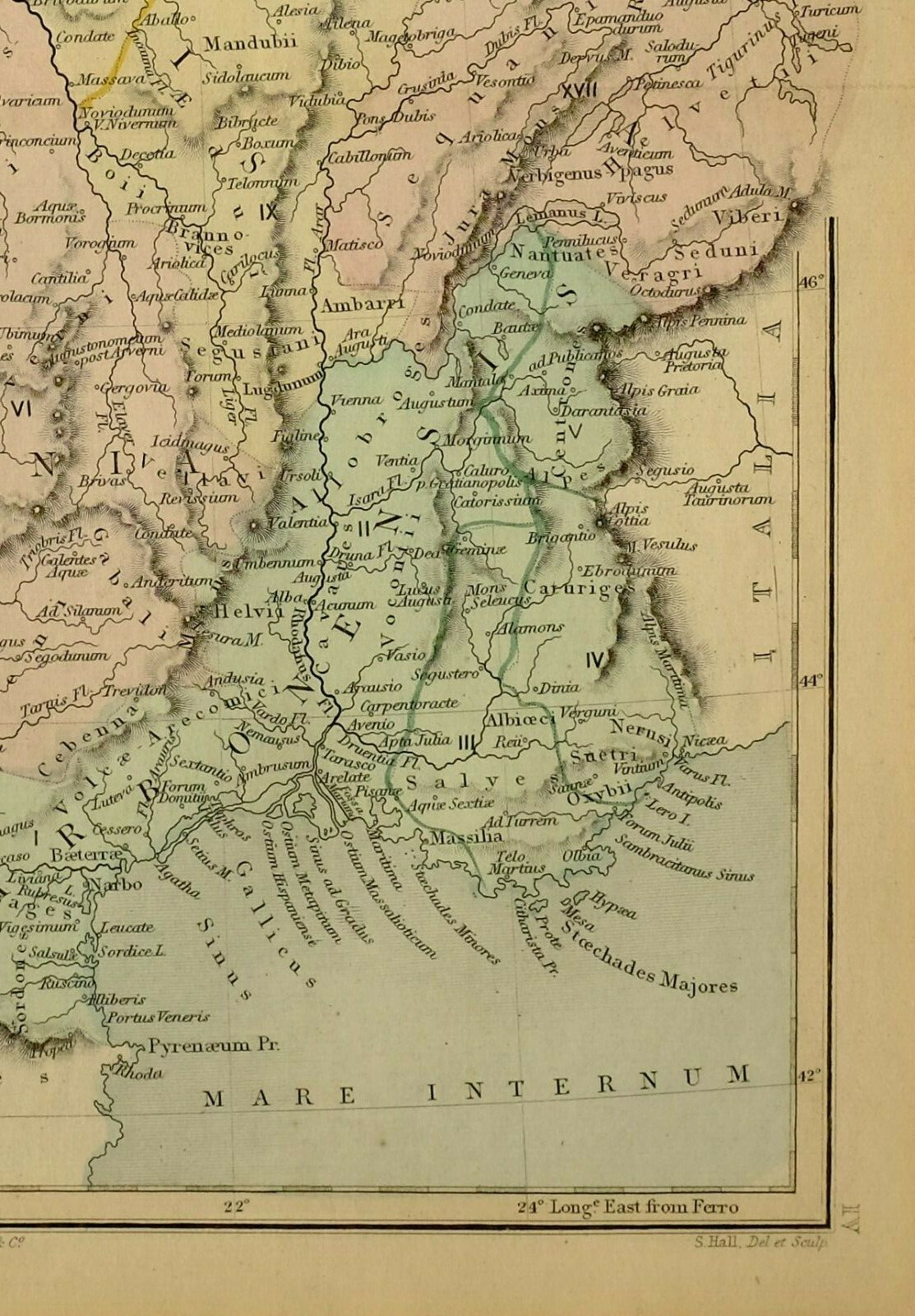 1873 HAND COLOURED ANCIENT MAP GALLIA FRANCE AQUITANIA LUGDUNENSIS ...