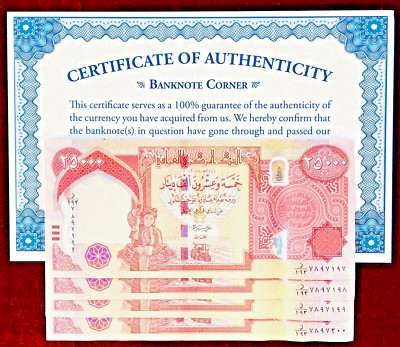 AUTHENTIC IRAQI 4X 25,000 IQD DINARS 100000 WITH CERTIFICATE NEW DESIGN ...