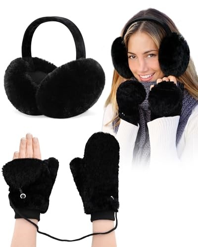 2 Pcs Winter Ear Muffs Mittens Set Faux Fur Flip Mittens Fuzzy Cute ...