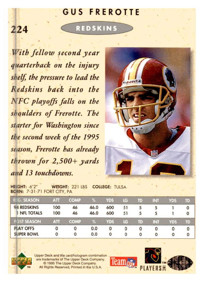 1995 SP Championship 224 Gus Frerotte Washington Redskins | eBay