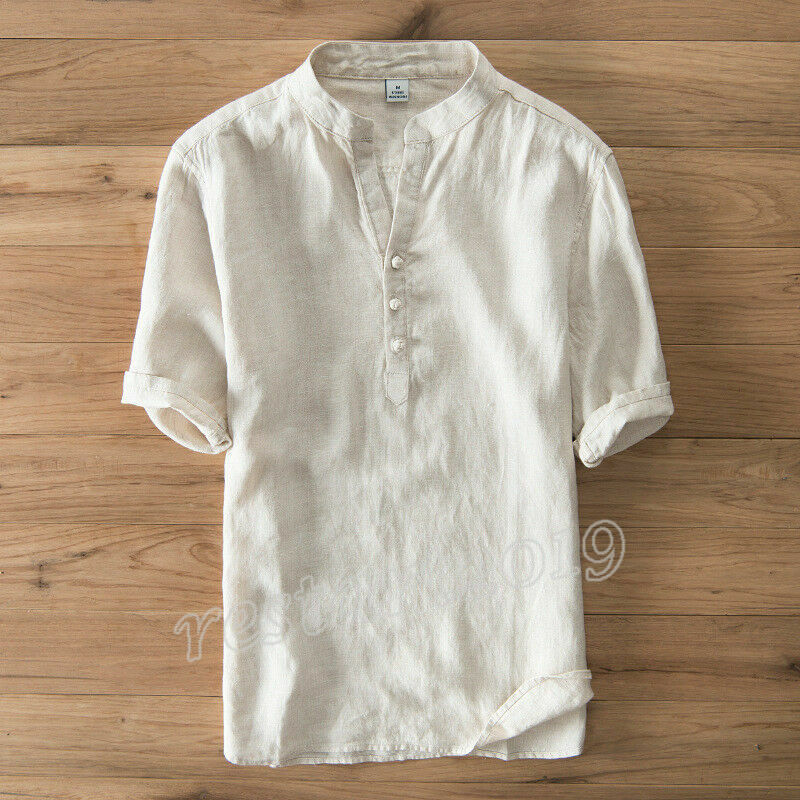 Men's Pure Linen Shirts Pullover Short Sleeve Mandarin Collars Casual ...