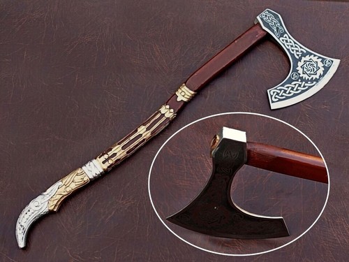Viking Axe Carbon Steel Blade Handmade Gold Plate Wood Handle Perfect ...