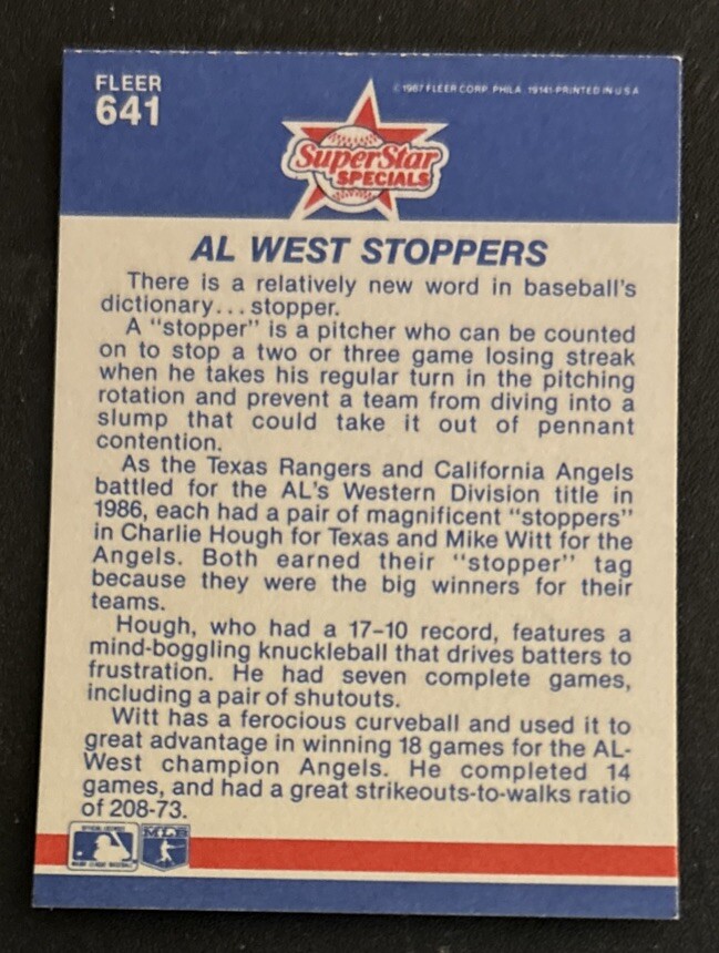 1987 Fleer Superstar Specials AL West Stoppers Mike Witt Charlie Hough ...