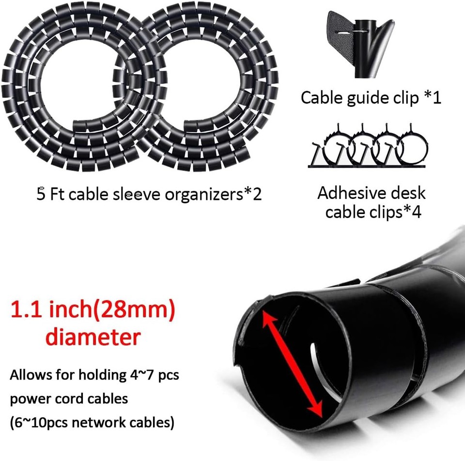 Large PC Cable Management Tube Sleeve Under Desk Wire 28MM-2PACK, Black ...