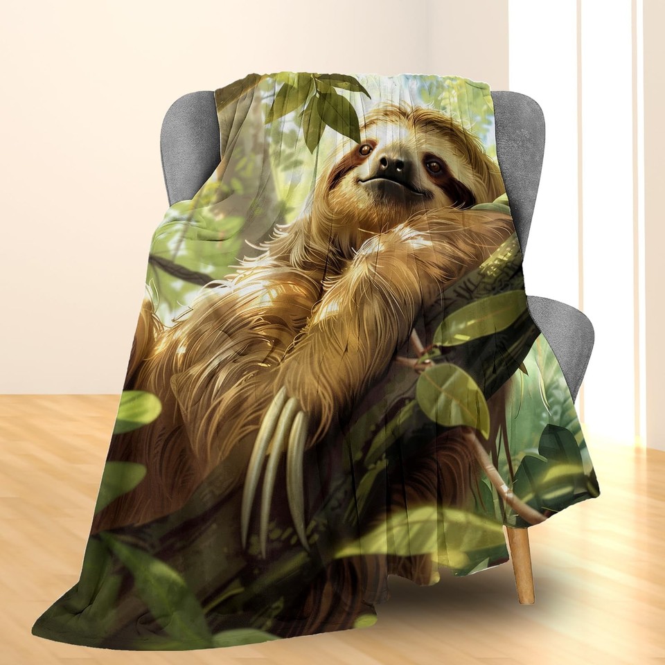 60x50" Cheerful Sloth in Sunlit Forest Flannel Animal Throw Blanket for ...