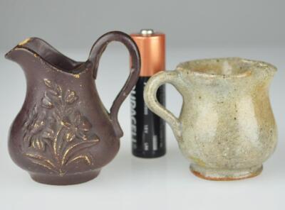 VINTAGE MINIATURE TINY STONEWARE POTTERY PITCHERS (2) - UNDER 2" IN ...