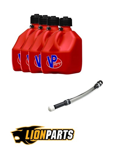 VP Racing 4 Pack Red 3 Gallon Square Utility Jugs + 1 Deluxe Fill Hose ...