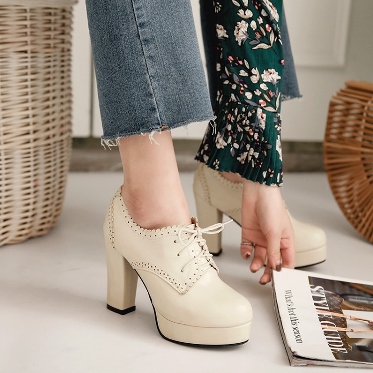 Womens Platform Lace Up Pumps High Block Heels Shoes Casual Plus Size ...