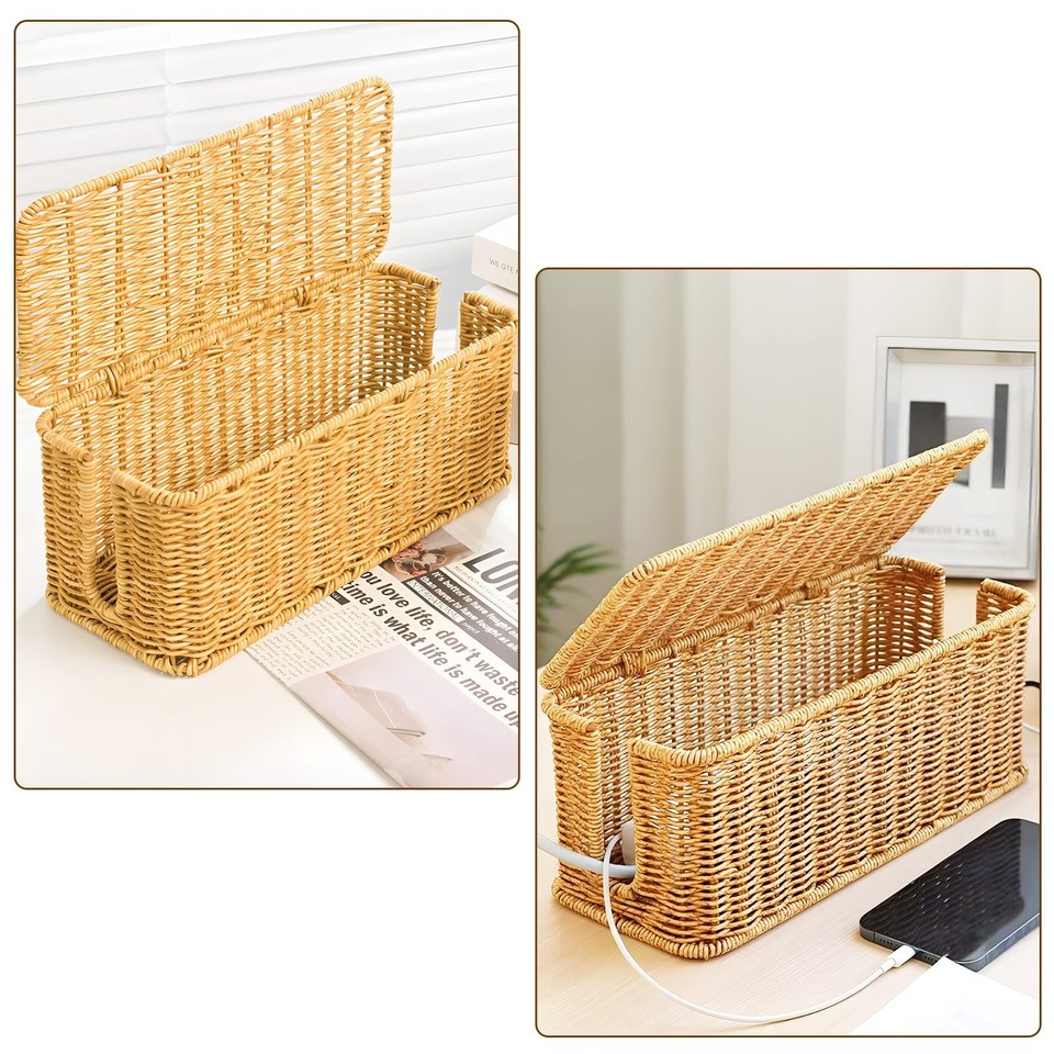 Handmade Wooden Cable Management Box, Rattan-Style Dustproof Storage ...