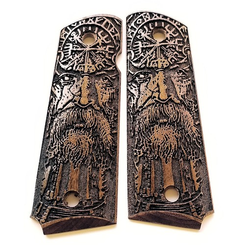 1911 full size engraved walnut wood grips Nordic Viking Odin Vegvisir ...