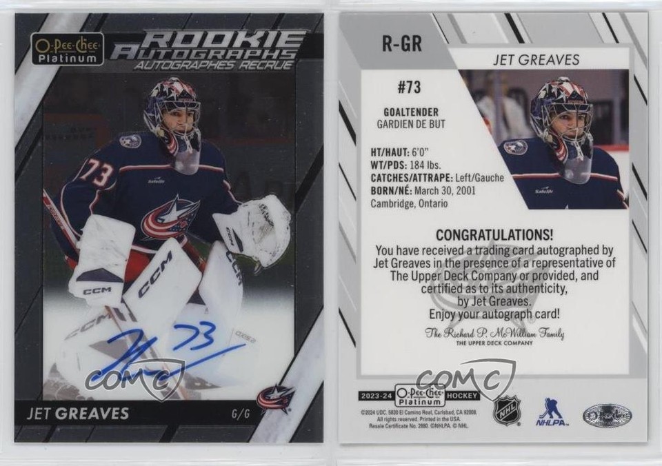 2023-24 O-Pee-Chee Platinum Rookie Auto Jet Greaves #R-GR Auto RC | eBay