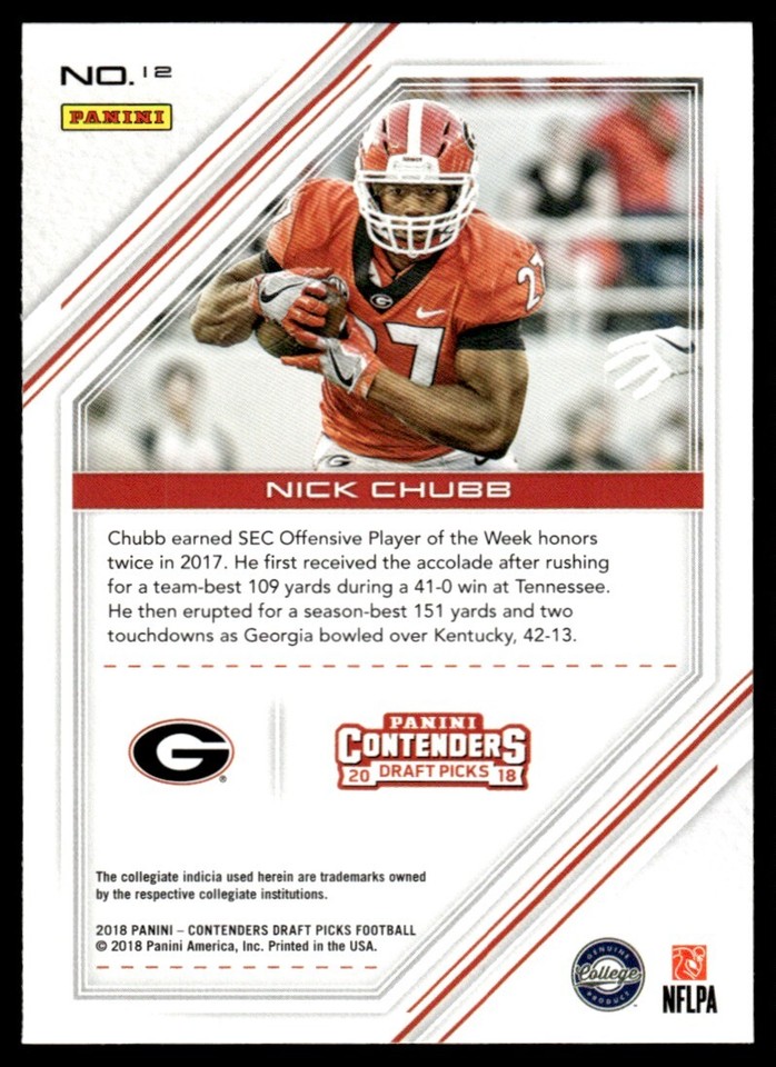 2018 Panini Contenders Draft Picks Game Day Ticket Nick Chubb Rookie ...