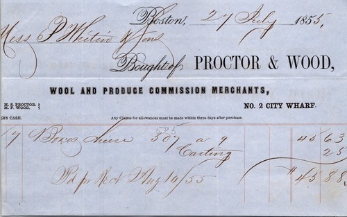 Proctor & Wood Boston MA 1855 Billhead Wool & Produce | eBay