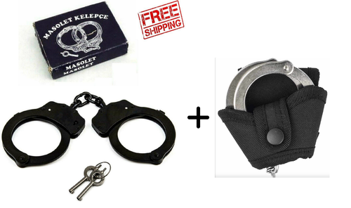 REAL Police Handcuffs DOUBLE LOCK Professional BLACK STEEL Hand Cuffs ...