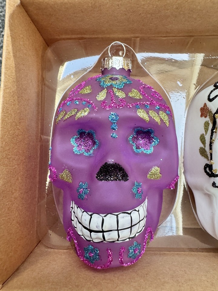 Paperchase Set 3 Glass Sugar Skull Halloween Christmas Tree Decorations ...