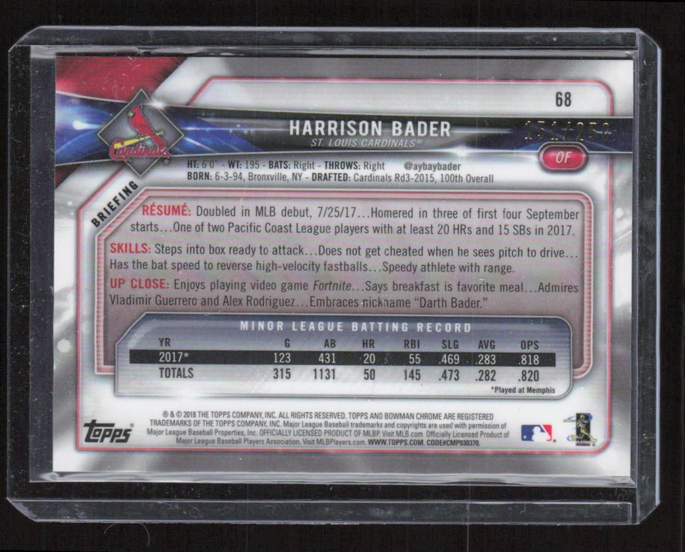 2018 Bowman Chrome #68 Harrison Bader Purple /250 Near Mint | eBay